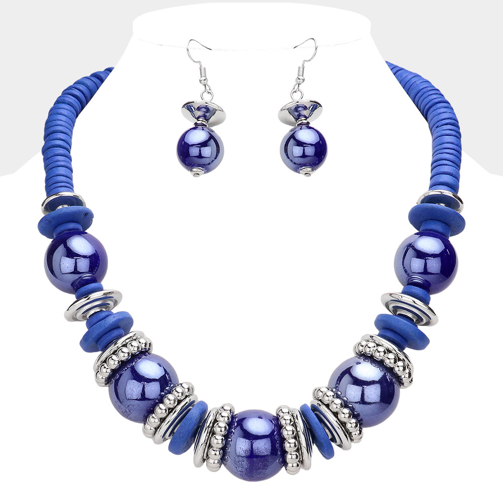 Disc Wood Cluster Beaded Bib Necklace