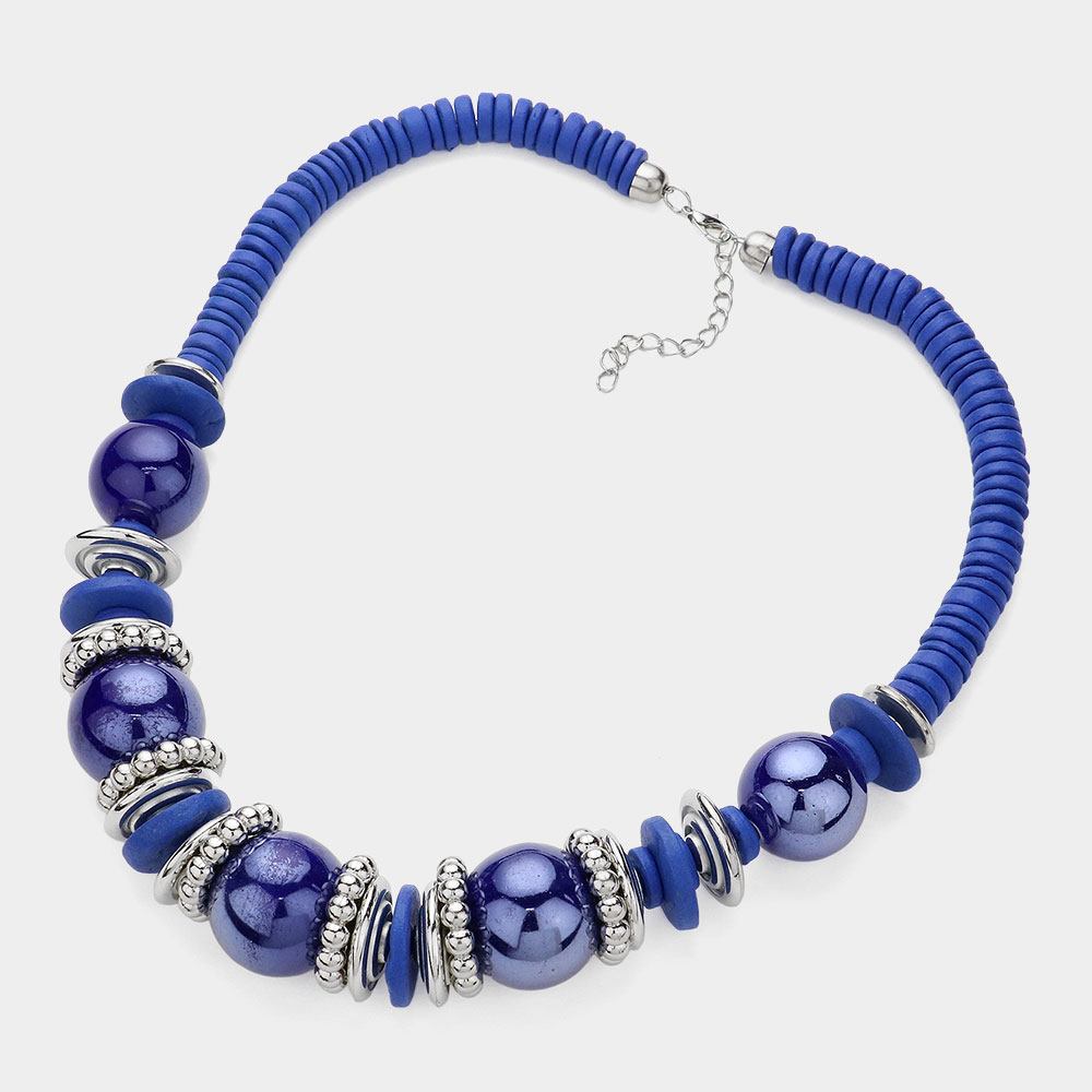 Disc Wood Cluster Beaded Bib Necklace