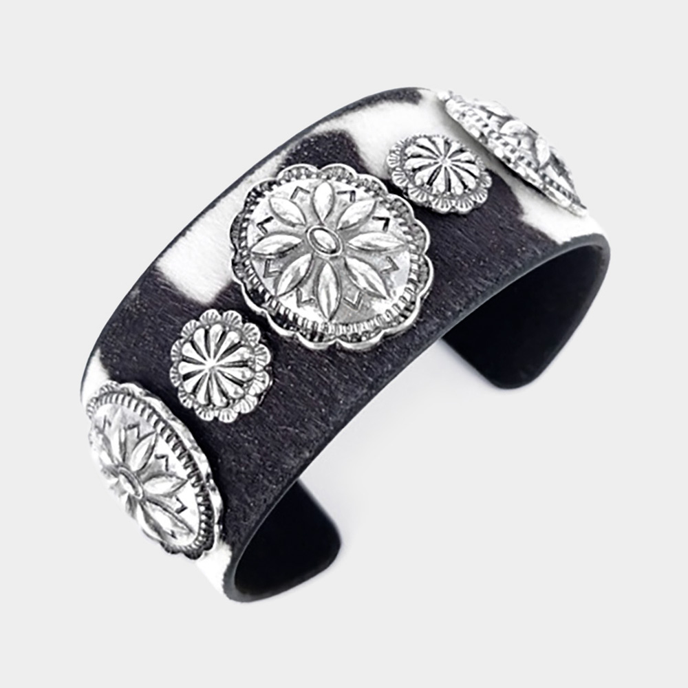 Antique Metal Accented Cow Patterned Cuff Bracelet