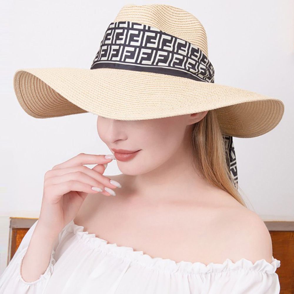Patterned Ribbon Floppy Straw Sun Hat
