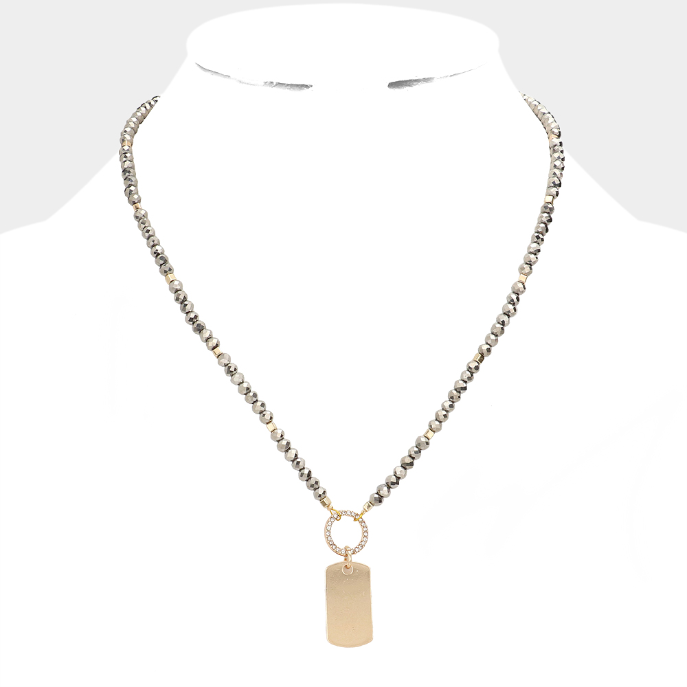 Metal Rectangle Pendant Faceted Beaded Necklace