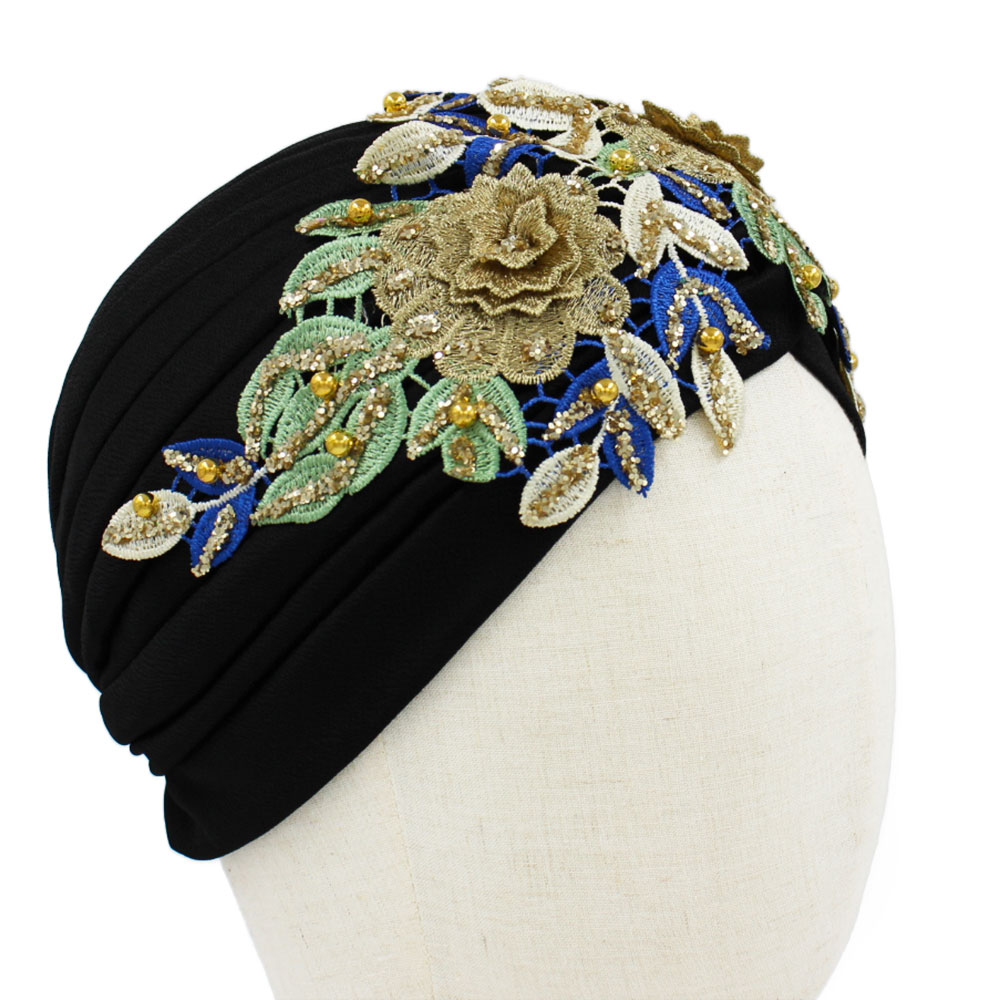 Flower Leaf Trim Embellished Turban Hat