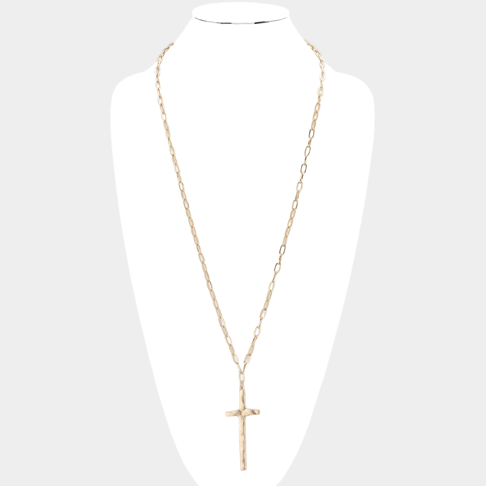 Hammered Metal Paper Clip Chain Cross Pendant Long Necklace