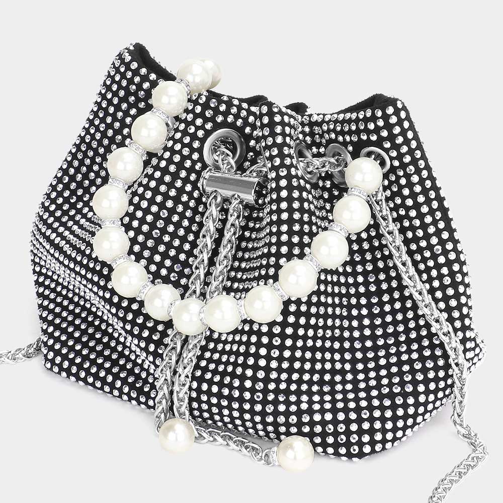 Pearl Handle Accented Bling Drawstring Chain Bucket Bag
