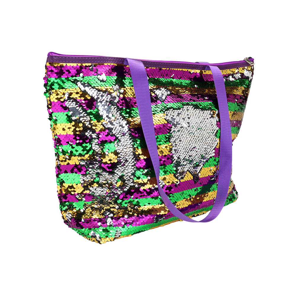 Mardi Gras Stripe Sequin Tote Shoulder Bag