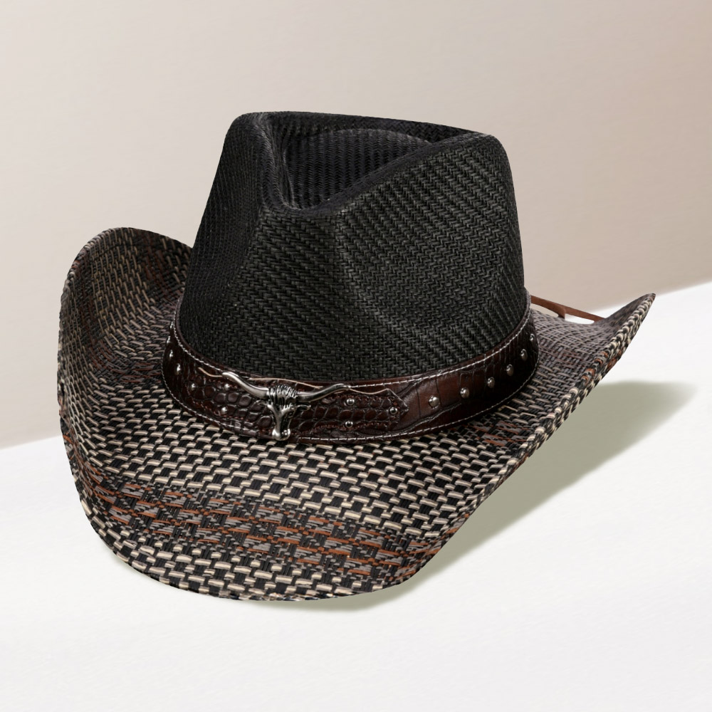 Steer Head Pointed Faux Leather Band Straw Cowboy Hat Steer Head Pointed Faux Leather Band Straw Cowboy Hat