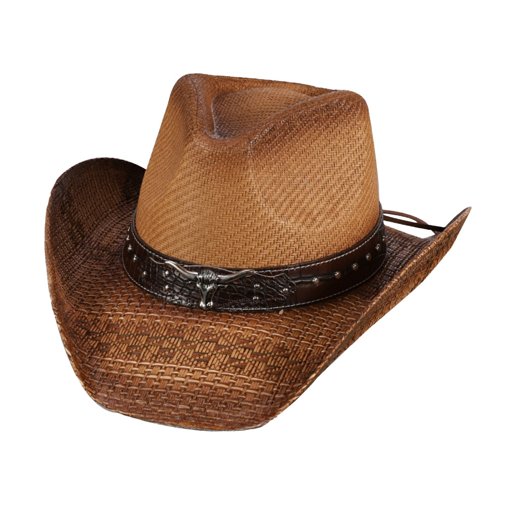 Steer Head Pointed Faux Leather Band Straw Cowboy Hat Steer Head Pointed Faux Leather Band Straw Cowboy Hat