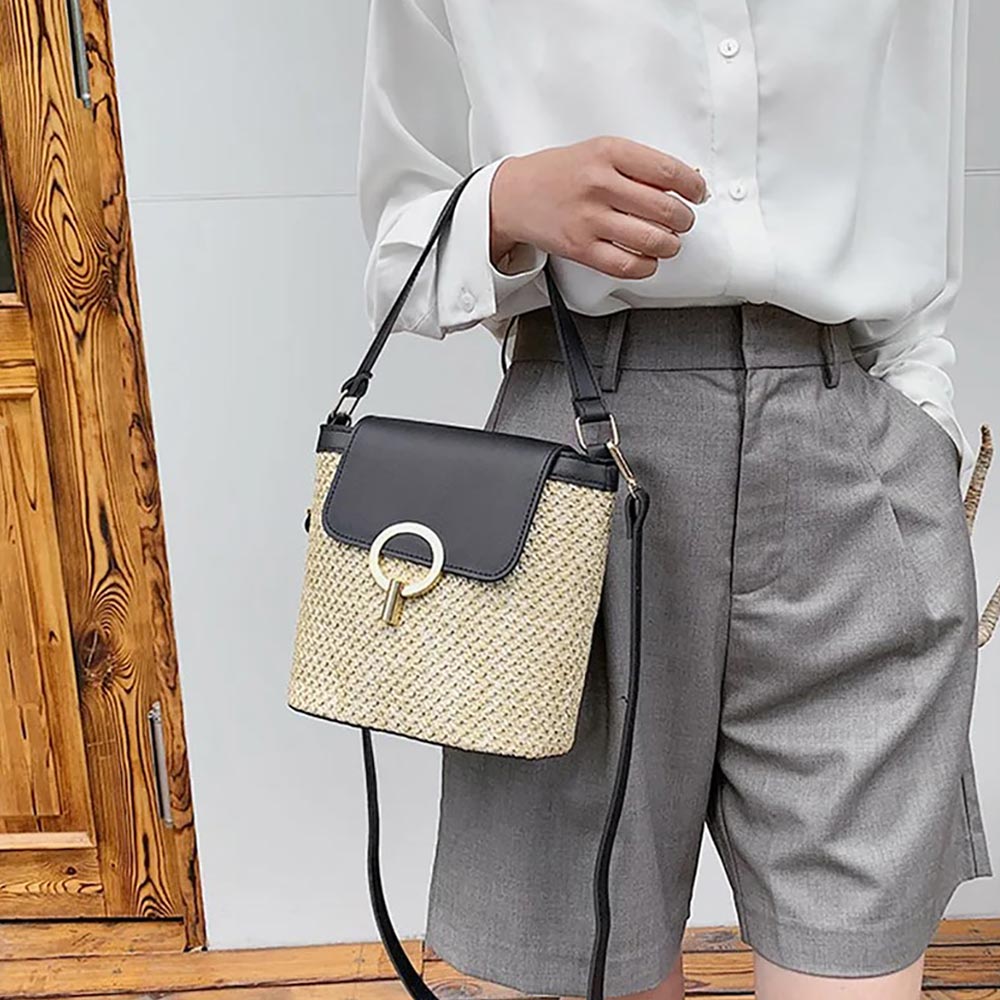 Mini Straw Woven Bucket Hand Bag / Crossbody Bag