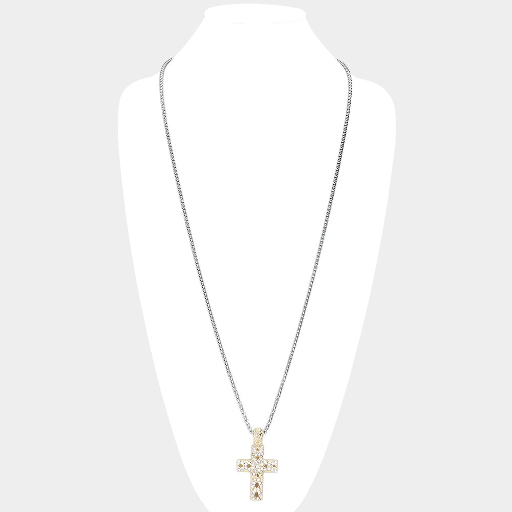 14K Gold Plated Two Tone Stone Embellished Cross Pendant Long Necklace