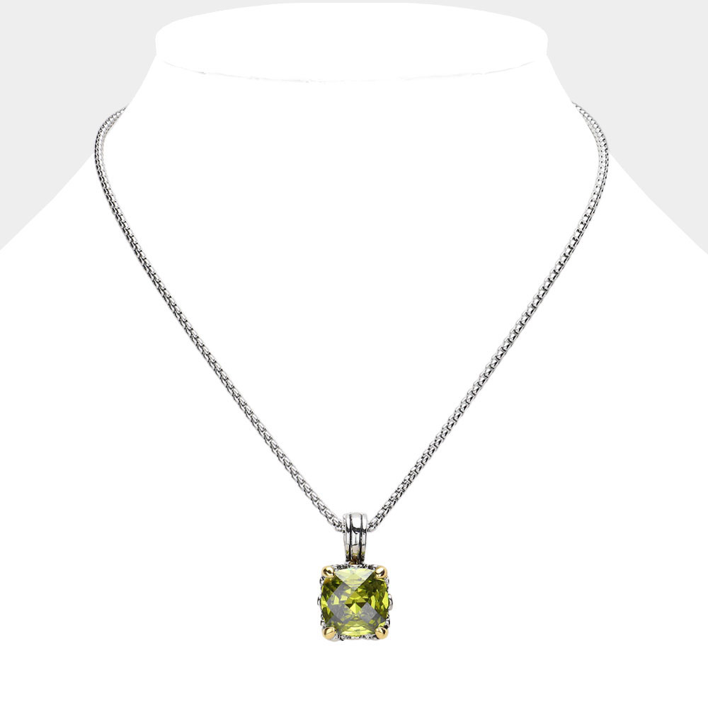 Square CZ Stone Cluster Pendant Necklace