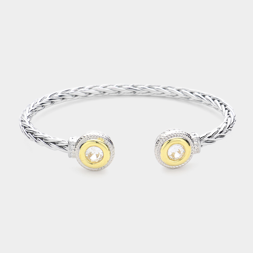Round CZ Stone Tip Two Tone Braided Metal Cuff Bracelet
