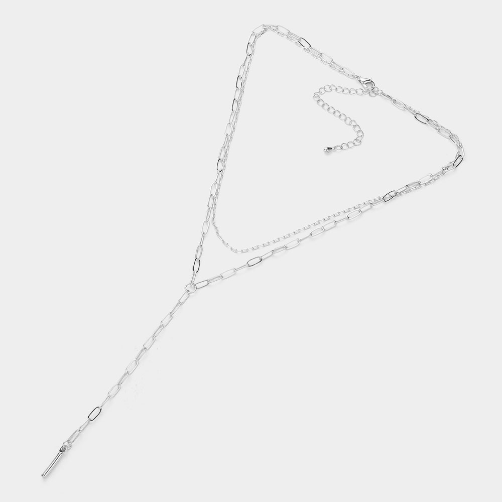 Metal Bar Tip Paper Clip Chain Y Shape Double Layered Necklace