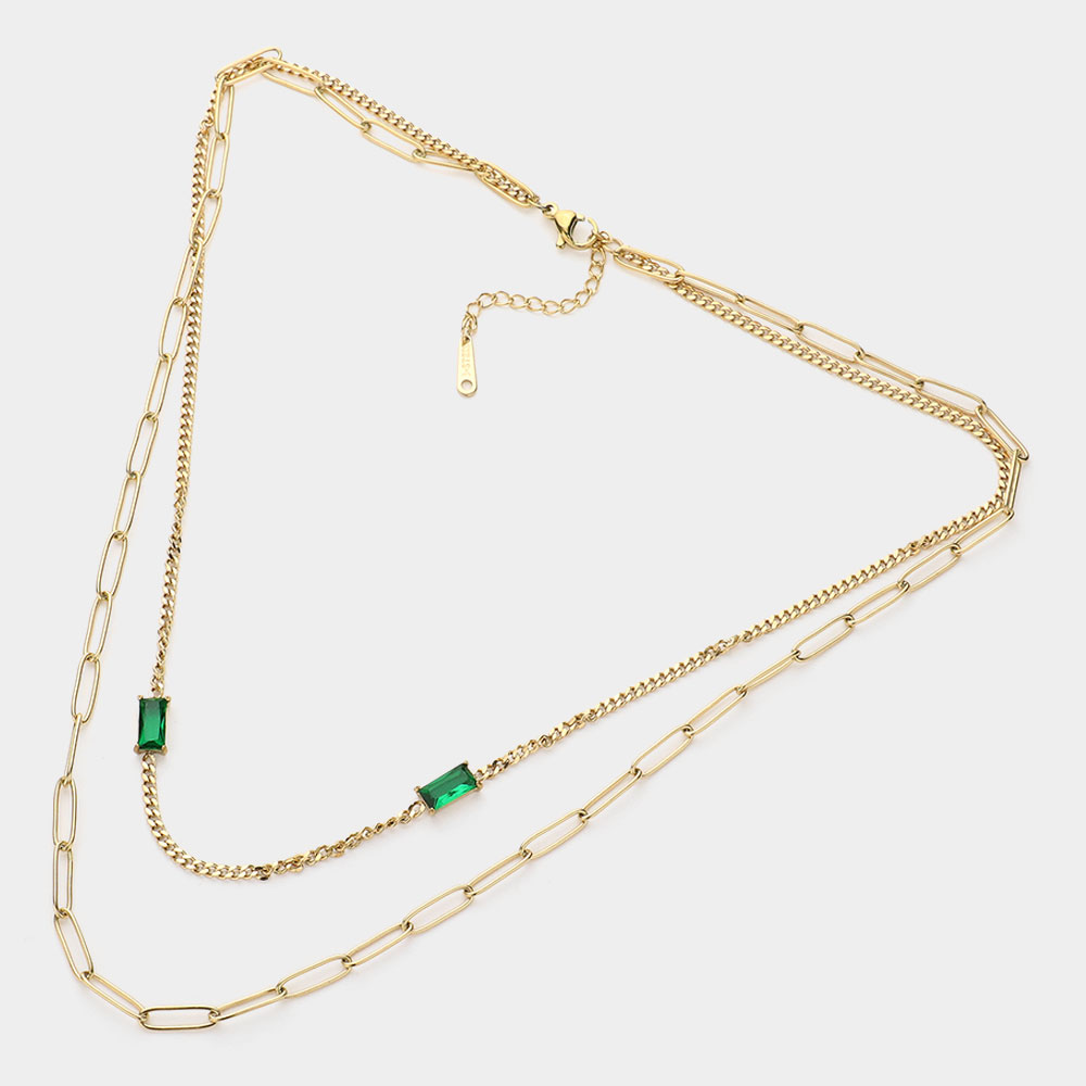 Emerald Cut Stone Cluster Pointed Stainless Steel Paperclip Chain ...