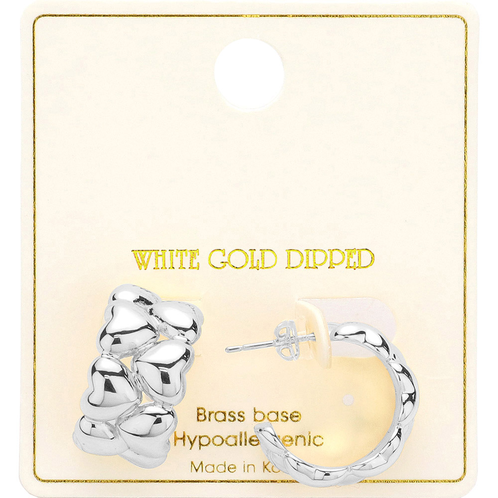 White Gold Dipped Bumpy Heart Hoop Earrings