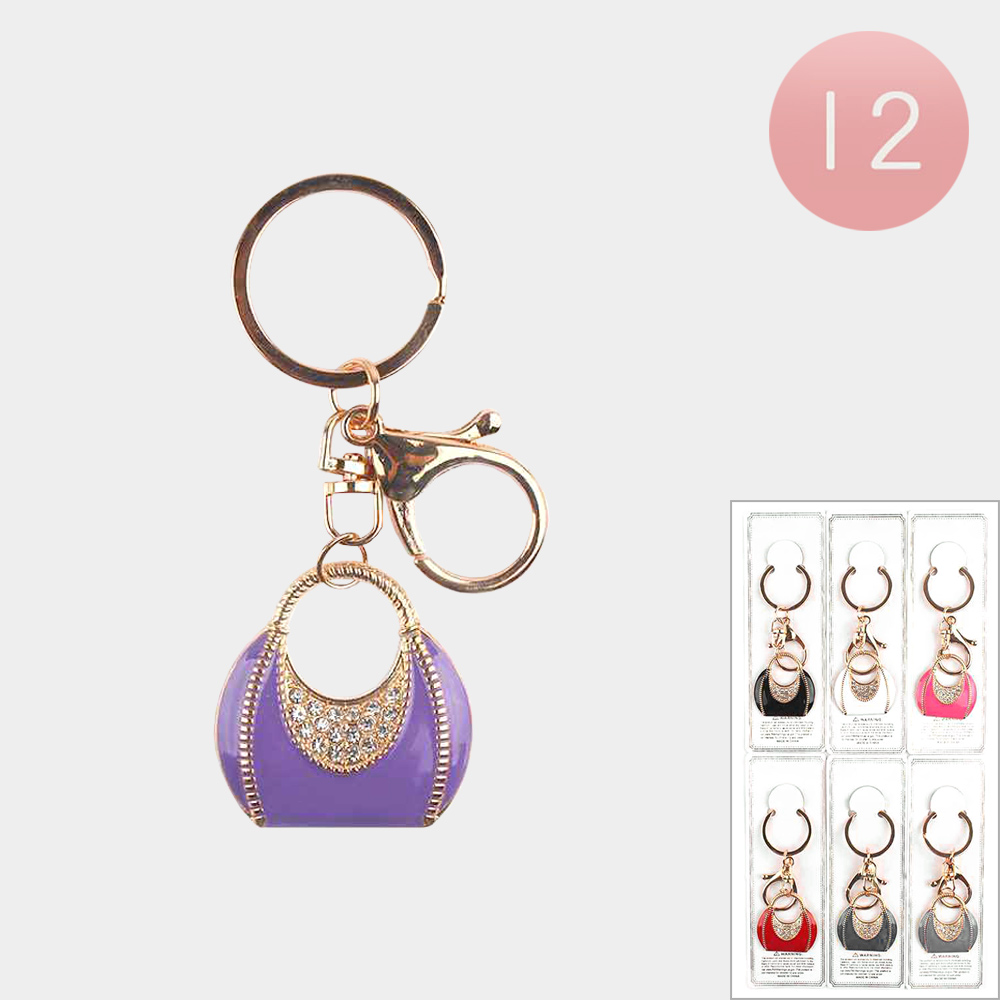 12PCS - Enamel Rhinestone Paved Hand Bag Keychains