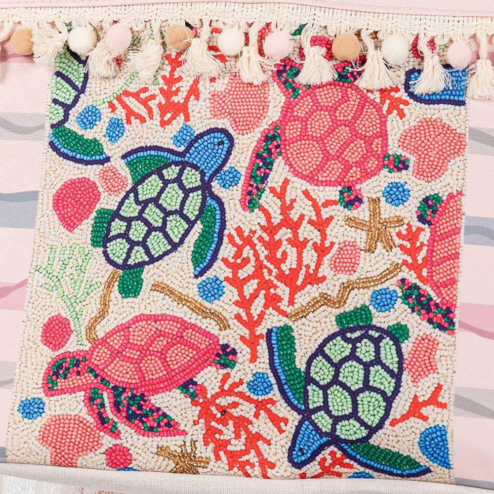 Boho Sea Turtle Print Fringe Pom Pom Tote Bag
