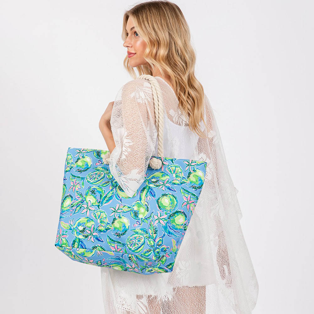 Hand Drawn Lime Flower Print Beach Tote Bag