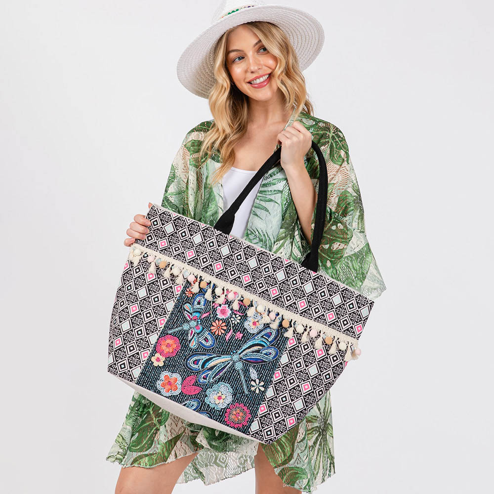 Boho Dragonfly Flower Print Fringe Pom Pom Tote Bag