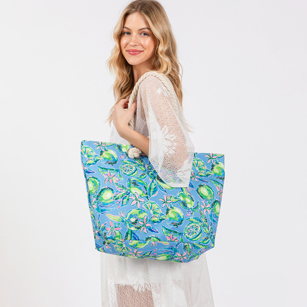 Hand Drawn Lime Flower Print Beach Tote Bag