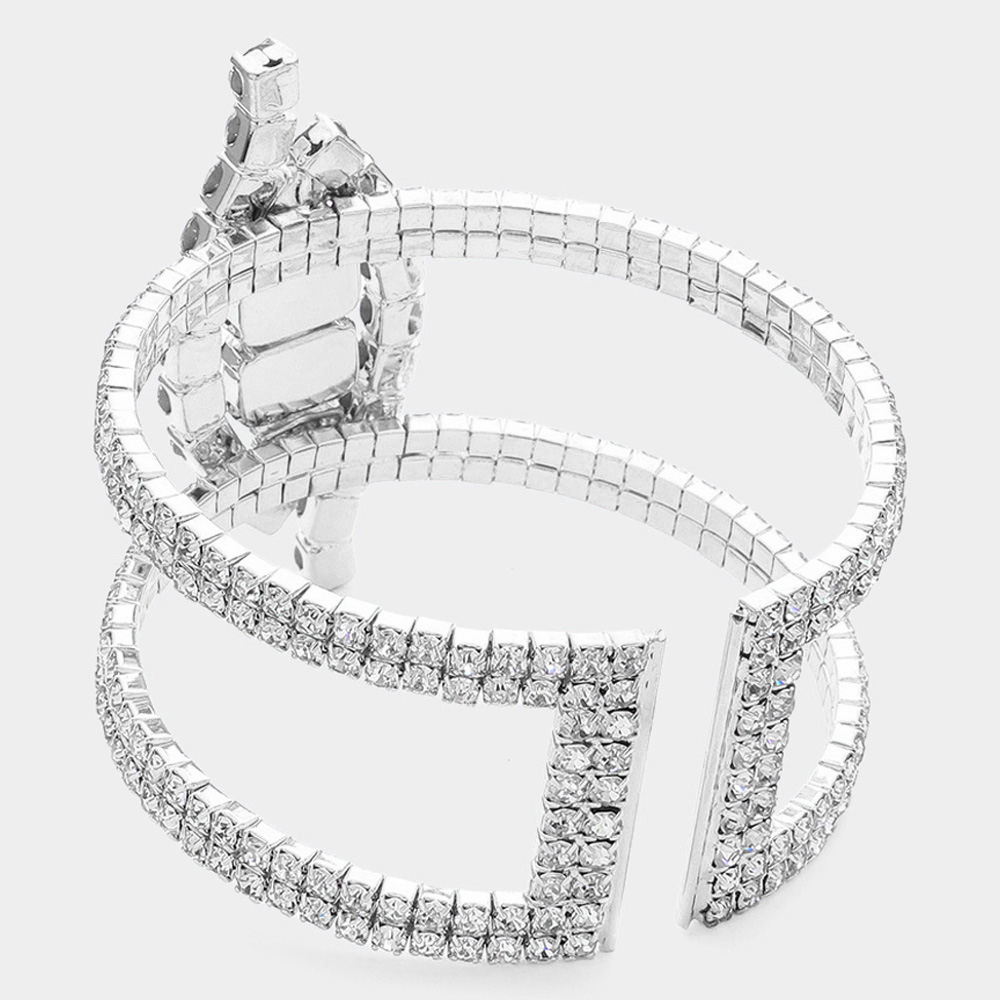 Double Rectangle Stone Cluster Pointed Rhinestone Paved Cuff Bracelet