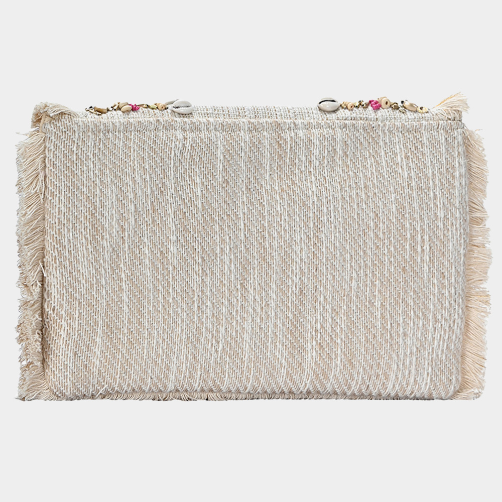 Puka Shell Embroidered Aztec Fringe Detail Jute Clutch Bag
