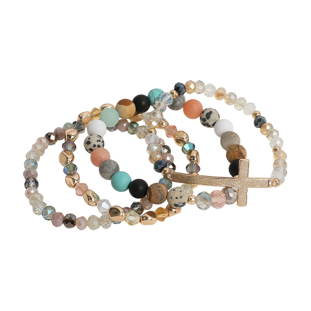 4PCS - Textured Metal Cross Pointed Natural Stone Faceted Beaded ...