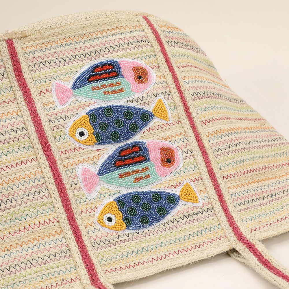 Seed Beaded Triple Fish Pointed Multi Color Threaded Jute Tote Bag