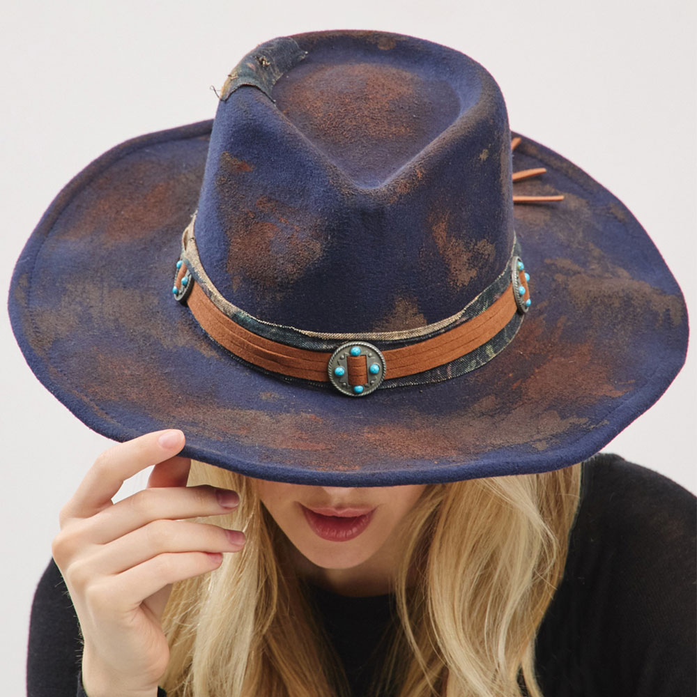 Vintage Decorative Distressed Fabric Band Rustic Cowgirl Western Fedora Hat
